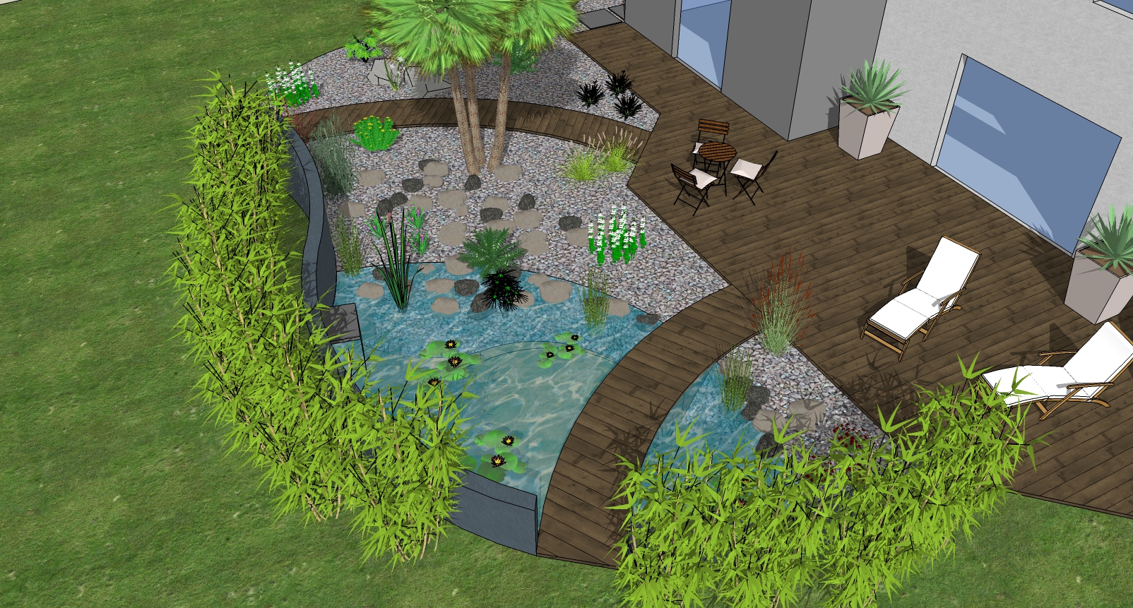 Bassin, terrasse et plantations exotiques